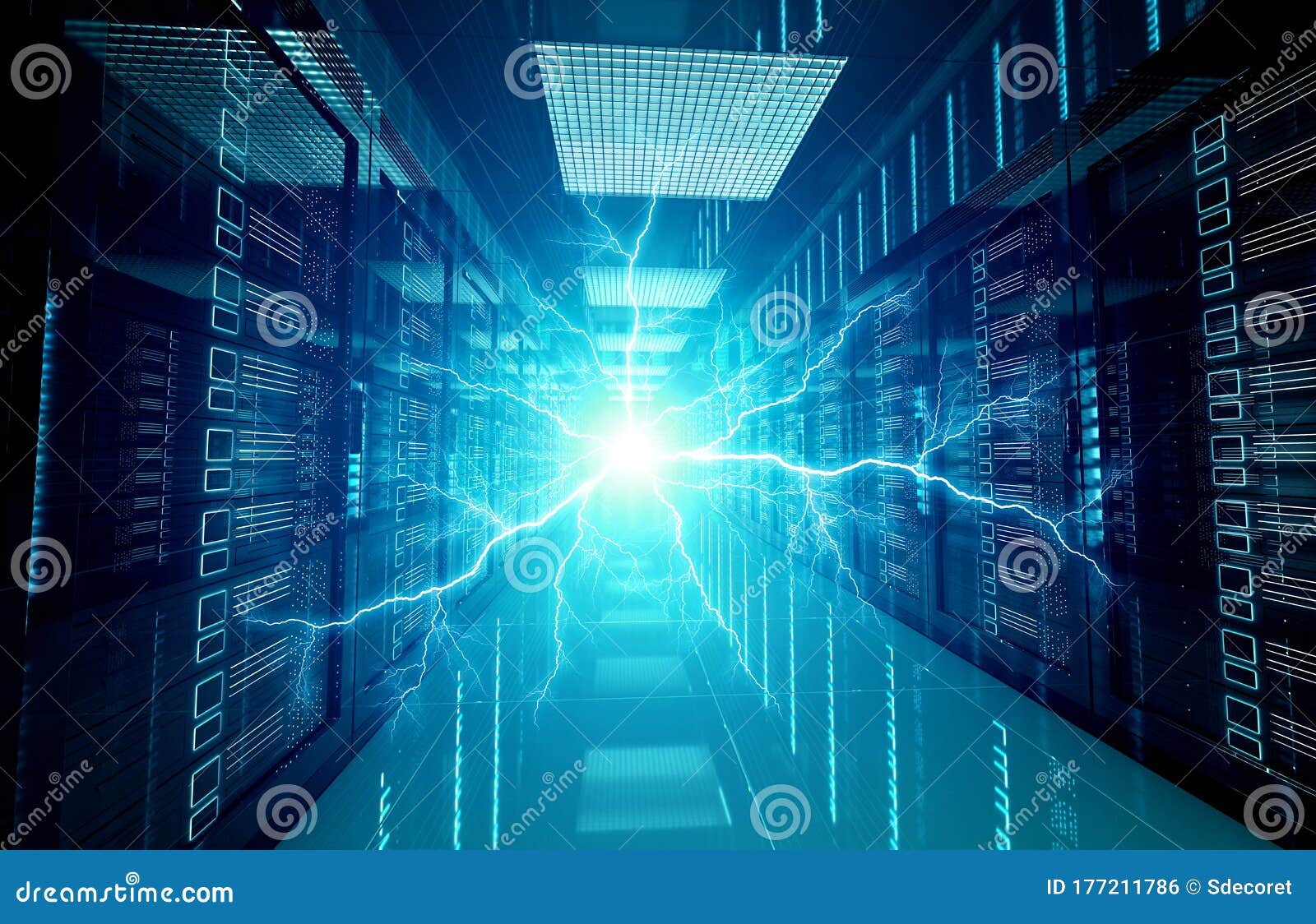 Electricity Lightning in Servers Data Center Room Storage Systems 3D ...