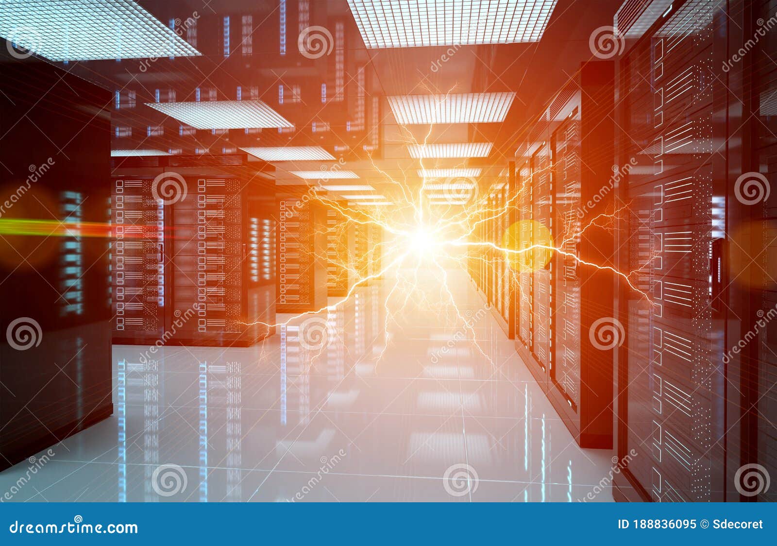Electricity Lightning in Servers Data Center Room Storage Systems 3D ...