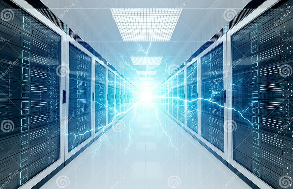 Electricity Lightning in Servers Data Center Room Storage Systems 3D ...