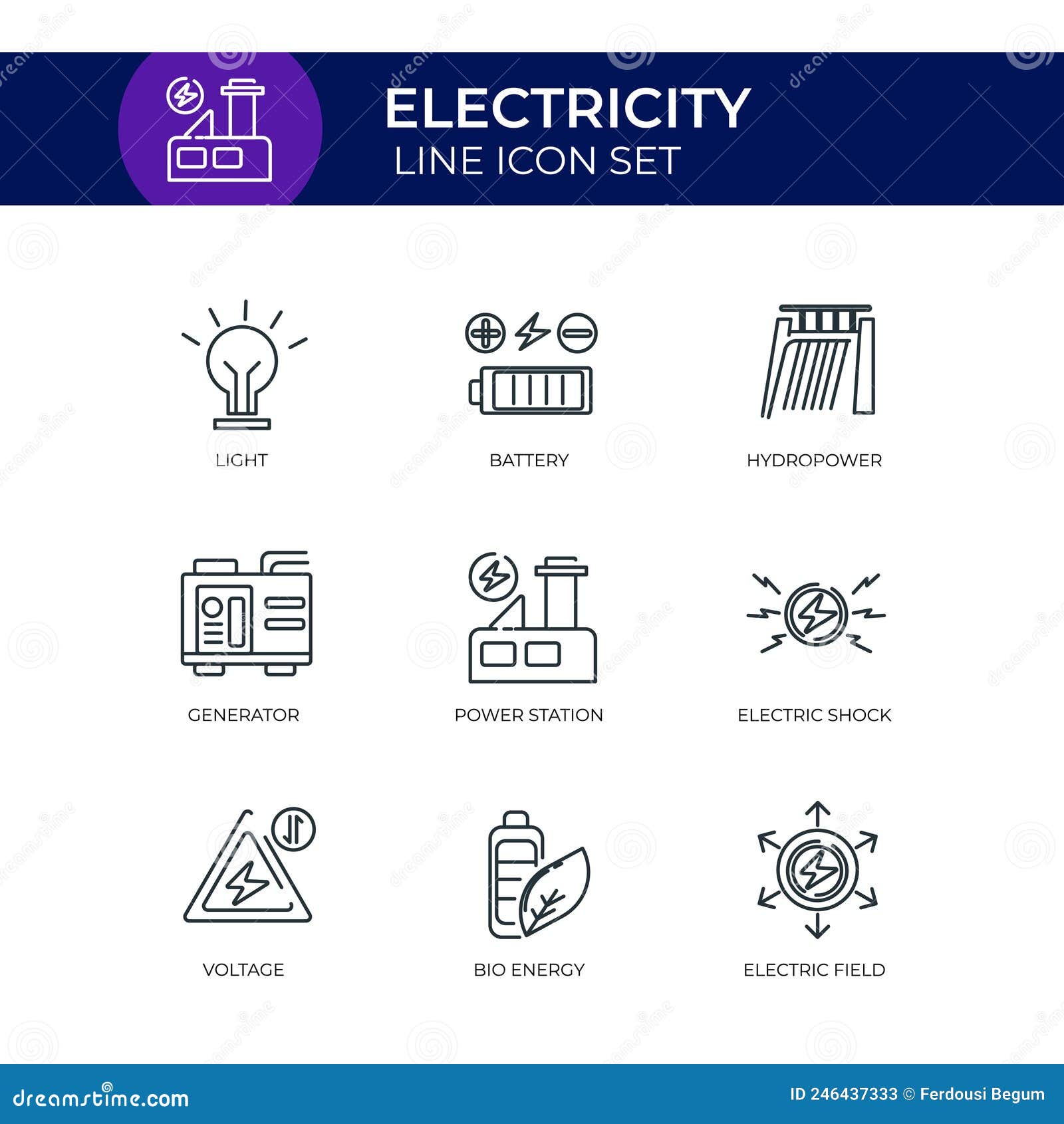 Electricity Line Icon Set Customizable Stroke Isolated on White ...