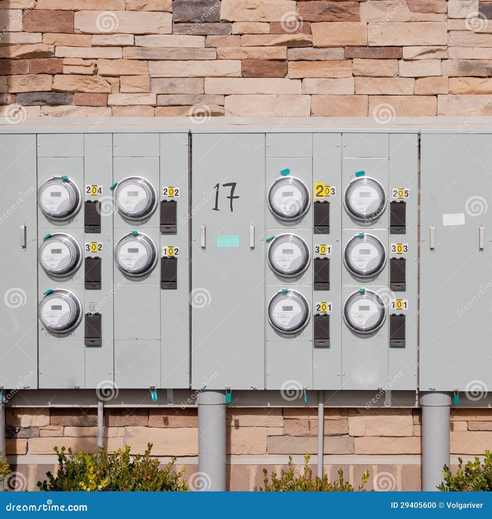 Electricity Meters on a Brick Wall. Stock Photo - Image of reader ...