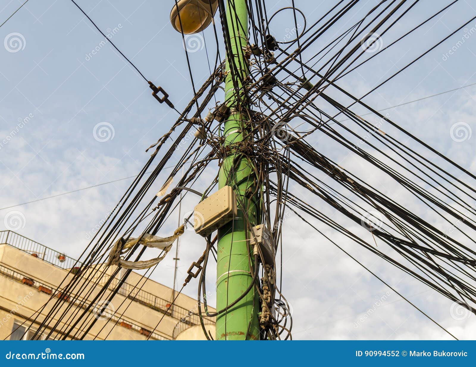 Electricity Pole and Street Light Complicated Wiring on the Pole Stock ...