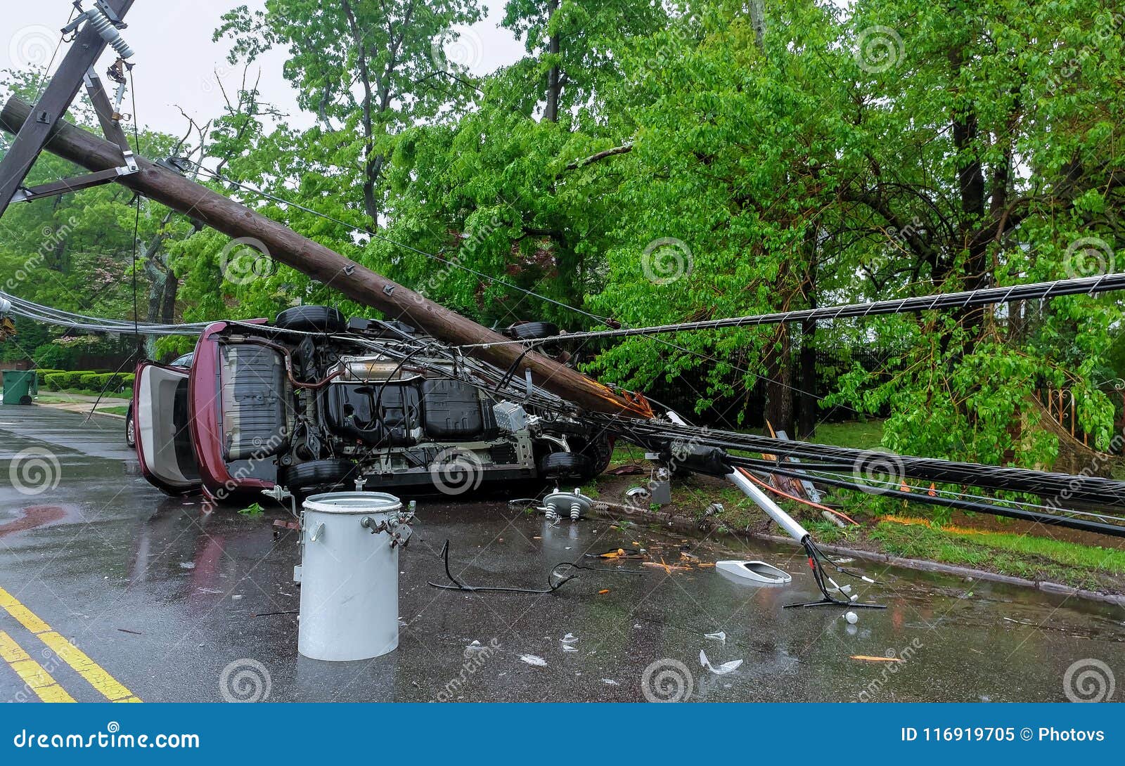 Electricity Poles Fall because of Storms. Damaged Car Stock Image ...