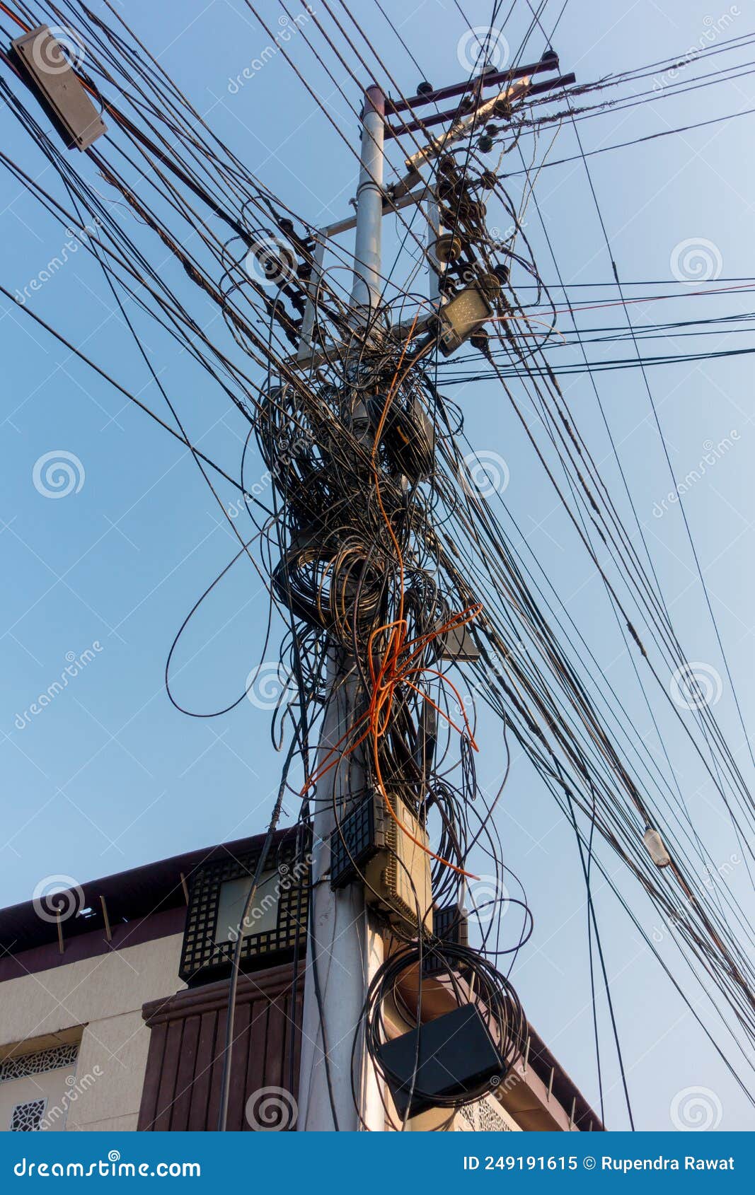 Electricity Poles with Overcrowded Wires and Distribution Box in India ...