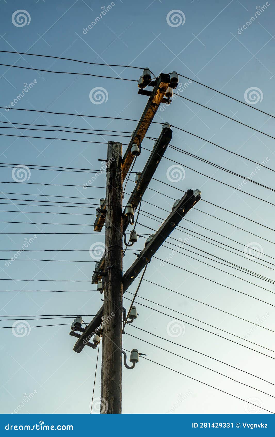 Electricity Post with Blue Sky Background, Power Pole with Electrical ...