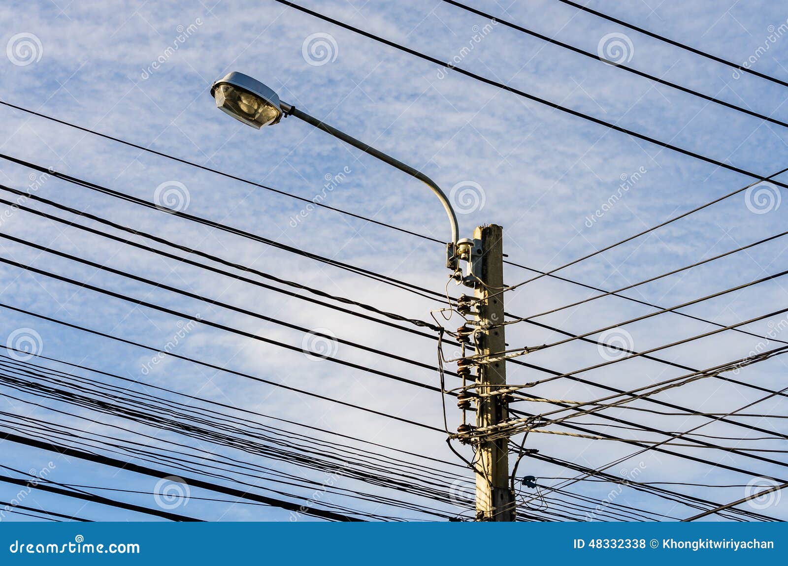 Electricity Post with Lamp and Cables Stock Photo - Image of pollution ...