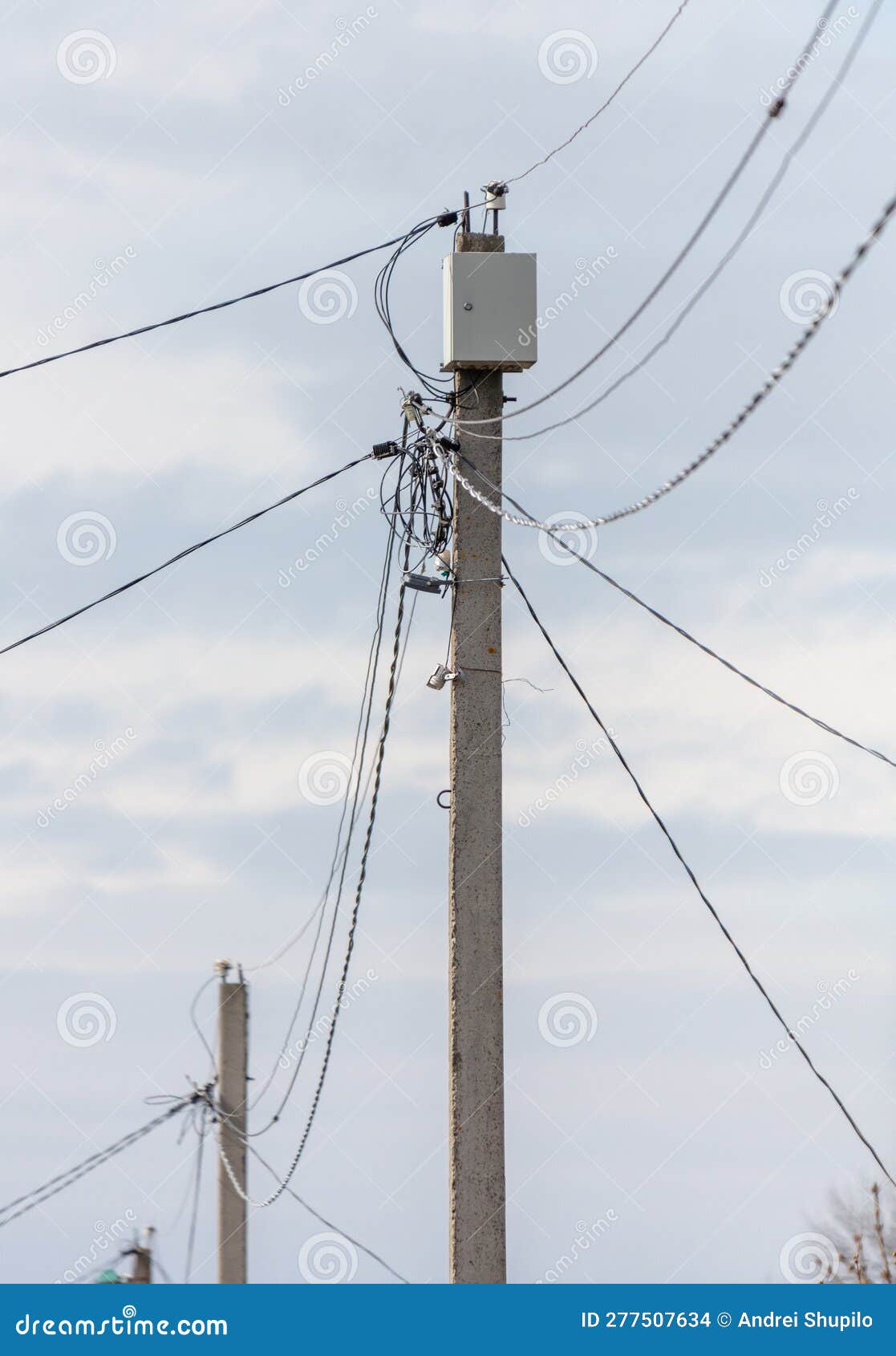Electricity Post with Wires and Cables, Closeup Stock Photo - Image of ...