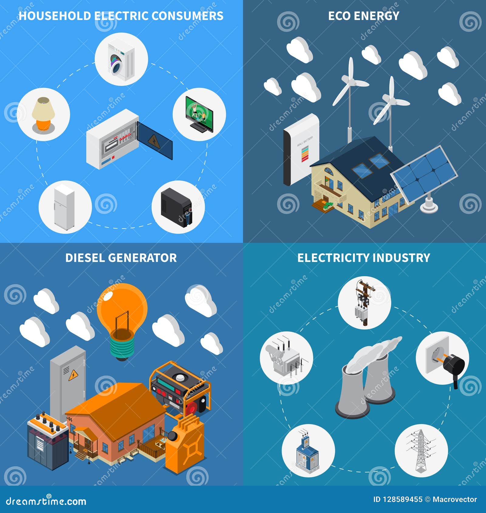 Electricity Power Isometric Concept Stock Vector - Illustration of line ...
