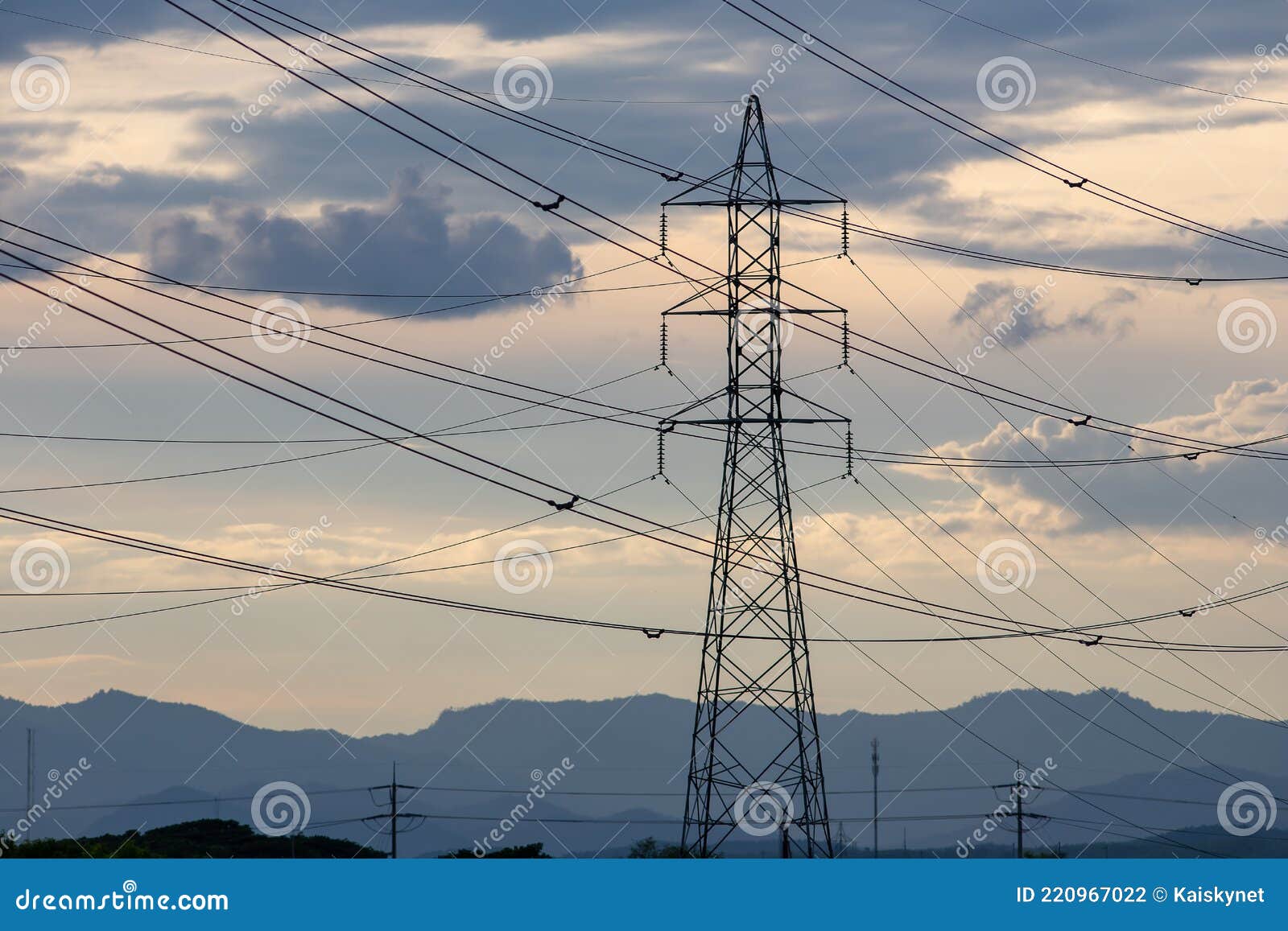 Electricity Power Lines at Sunset Stock Photo - Image of pole, wire ...