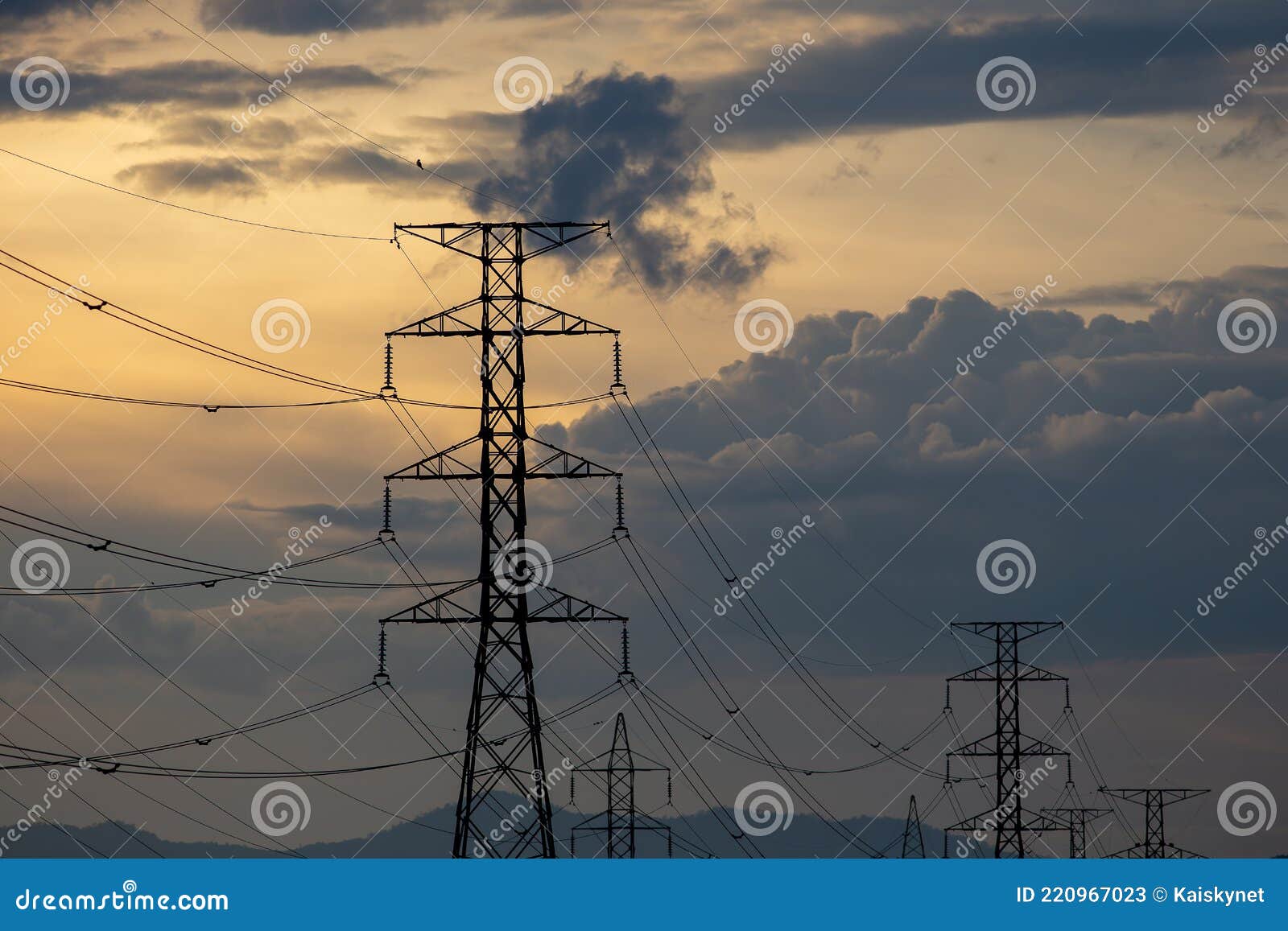 Electricity Power Lines at Sunset Stock Image - Image of technology ...