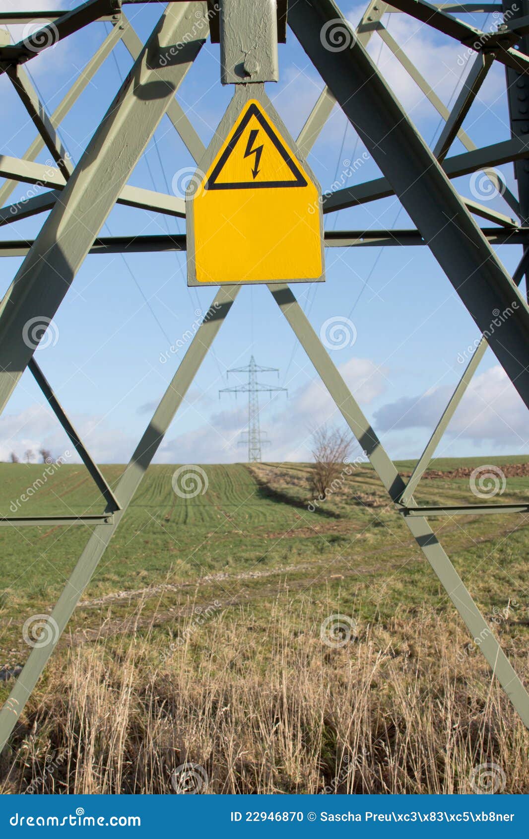 Electricity Pylon with Sign Stock Photo - Image of detail, electricity ...