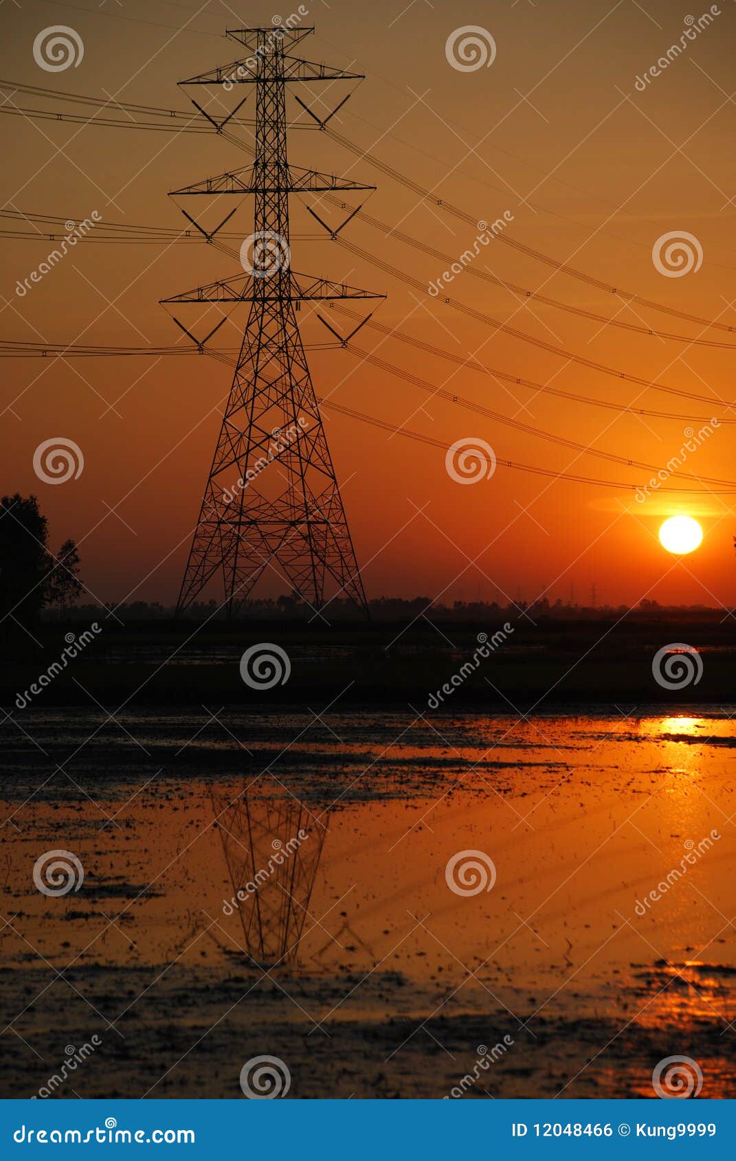 Electricity Pylon and Sunset Stock Photo - Image of technology, water ...