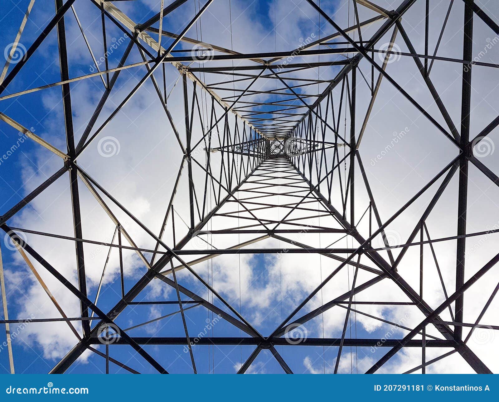 Electricity Pylons Down To the Top View Cords Blue Sky Clouds ...