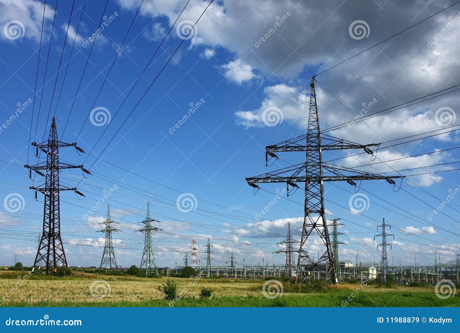 Electricity Pylons in the Green Field Stock Image - Image of fuel, blue ...