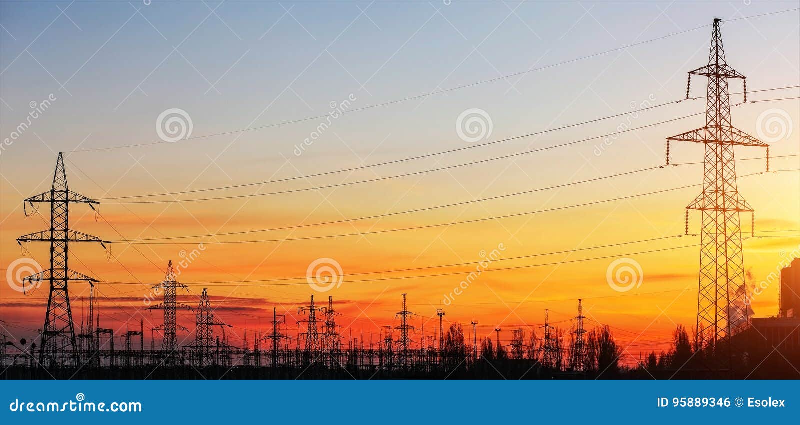Electricity Pylons and Power Lines on Sunset Sky Stock Photo - Image of ...