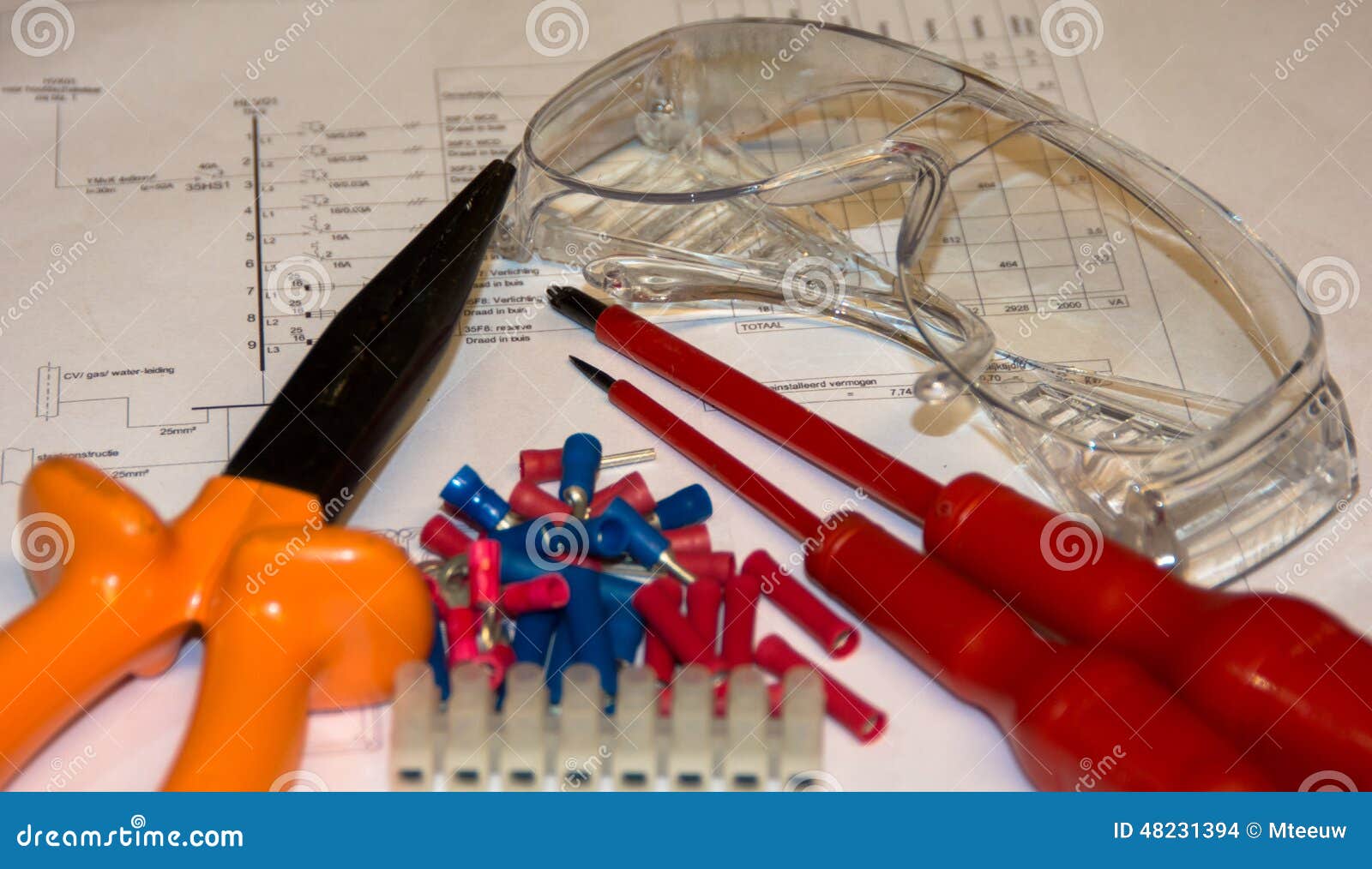 Electricity Tools and Equipment on Schematic Drawing Stock Photo ...