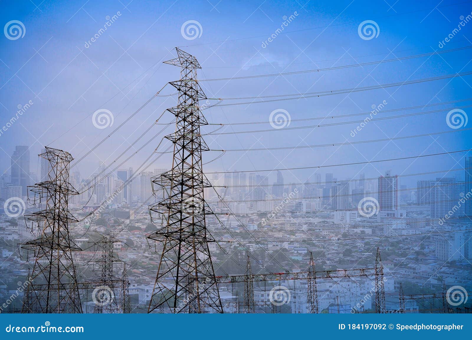 Electricity Transmission Pylon High Voltage Pole Multiple Cityscape on ...