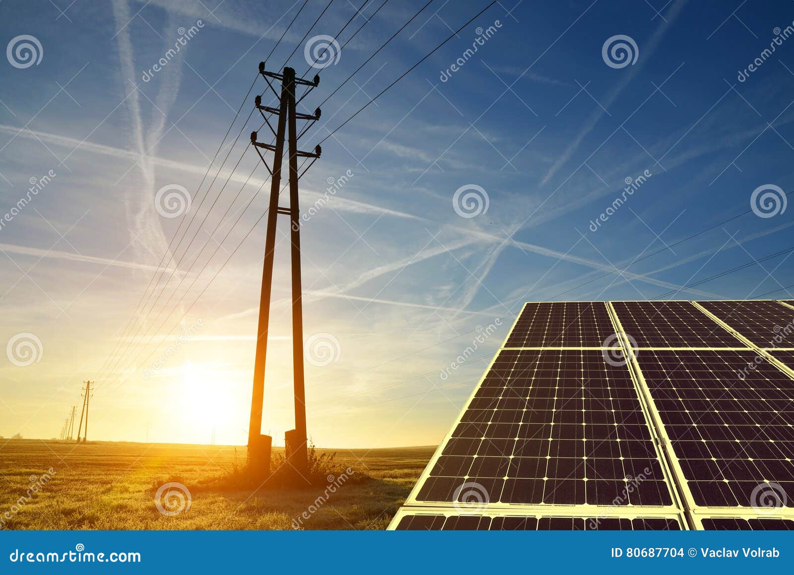 Electricity Transmission Pylon with Solar Panel Stock Photo - Image of ...