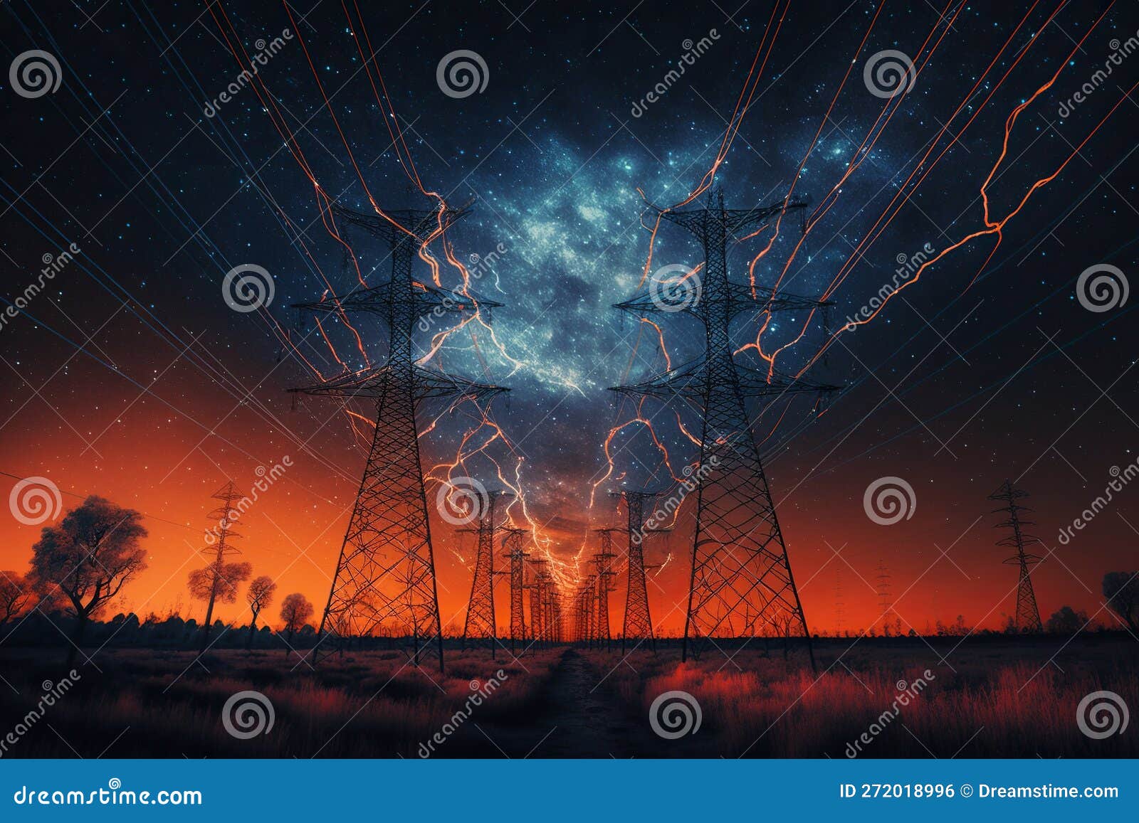 Electricity Transmission Towers with Orange Glowing Light at Night ...