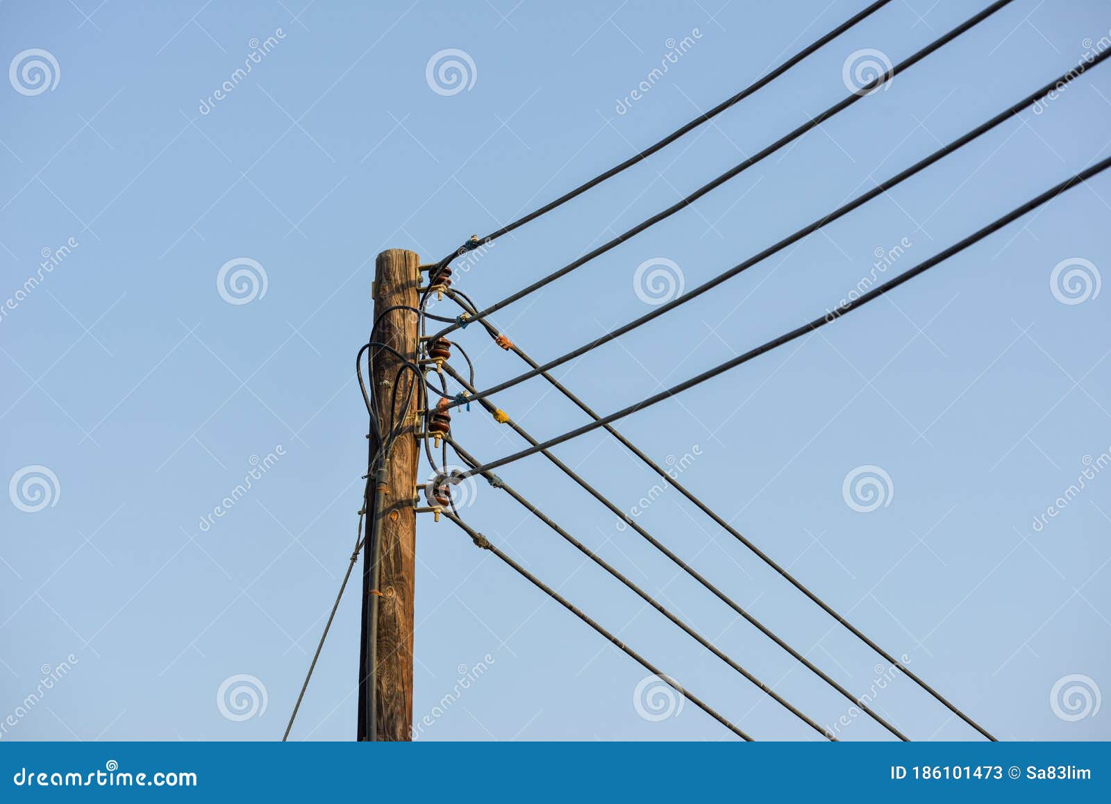 Electricity Wooden Pole with Black Cables Stock Image - Image of wooden ...