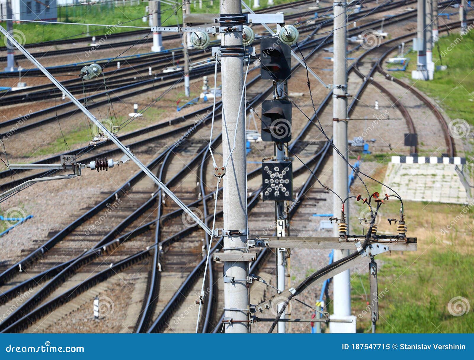 Electrified Railway Tracks With Red Railway Signals - Railway Station ...