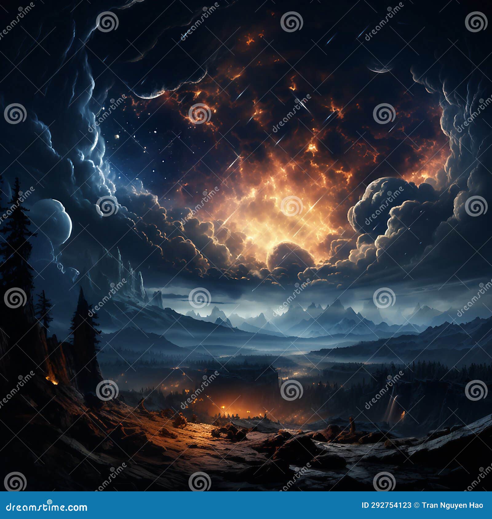 Fantasy Landscape with Fire and Lightning. 3d Render Illustration ...