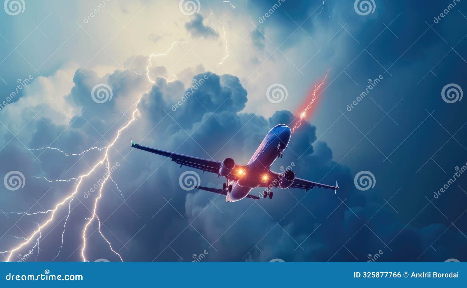 Electrifying Flight: Plane Grasping a Lightning Strike. Stock ...