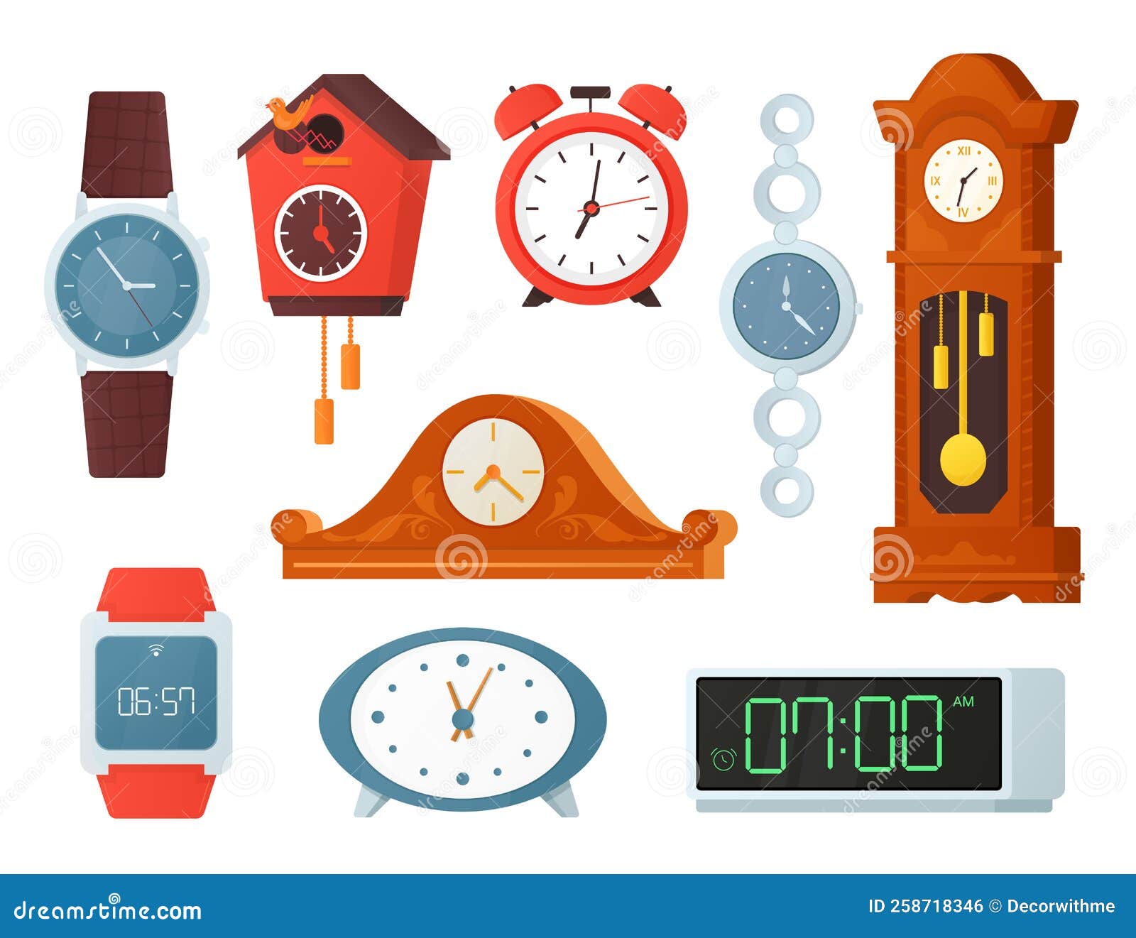 Electronic And Analog Clocks Flat Design Style Objects Set Stock Vector Illustration Of