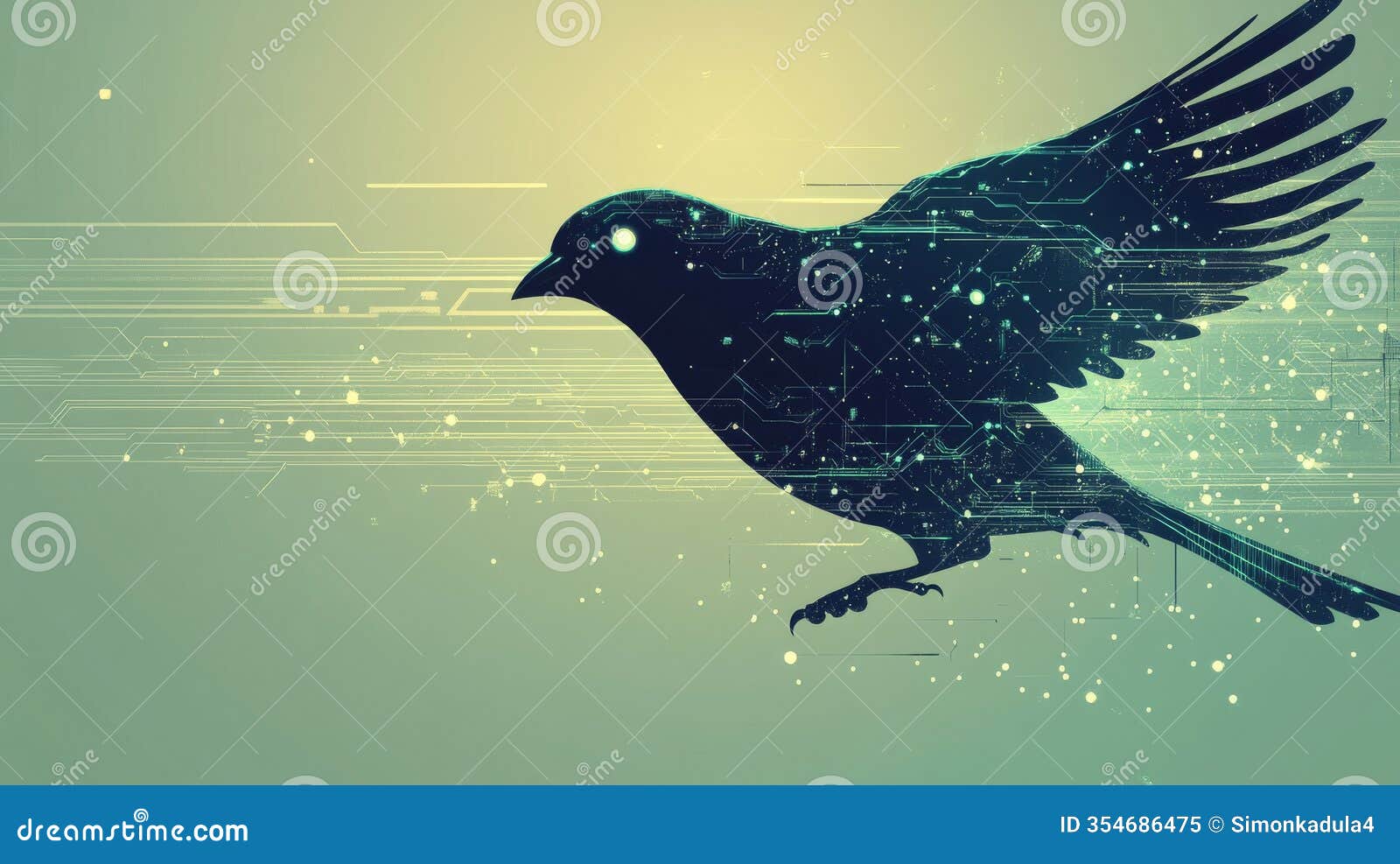 Electronic Bird Flying through Digital Circuits and Particles Stock ...