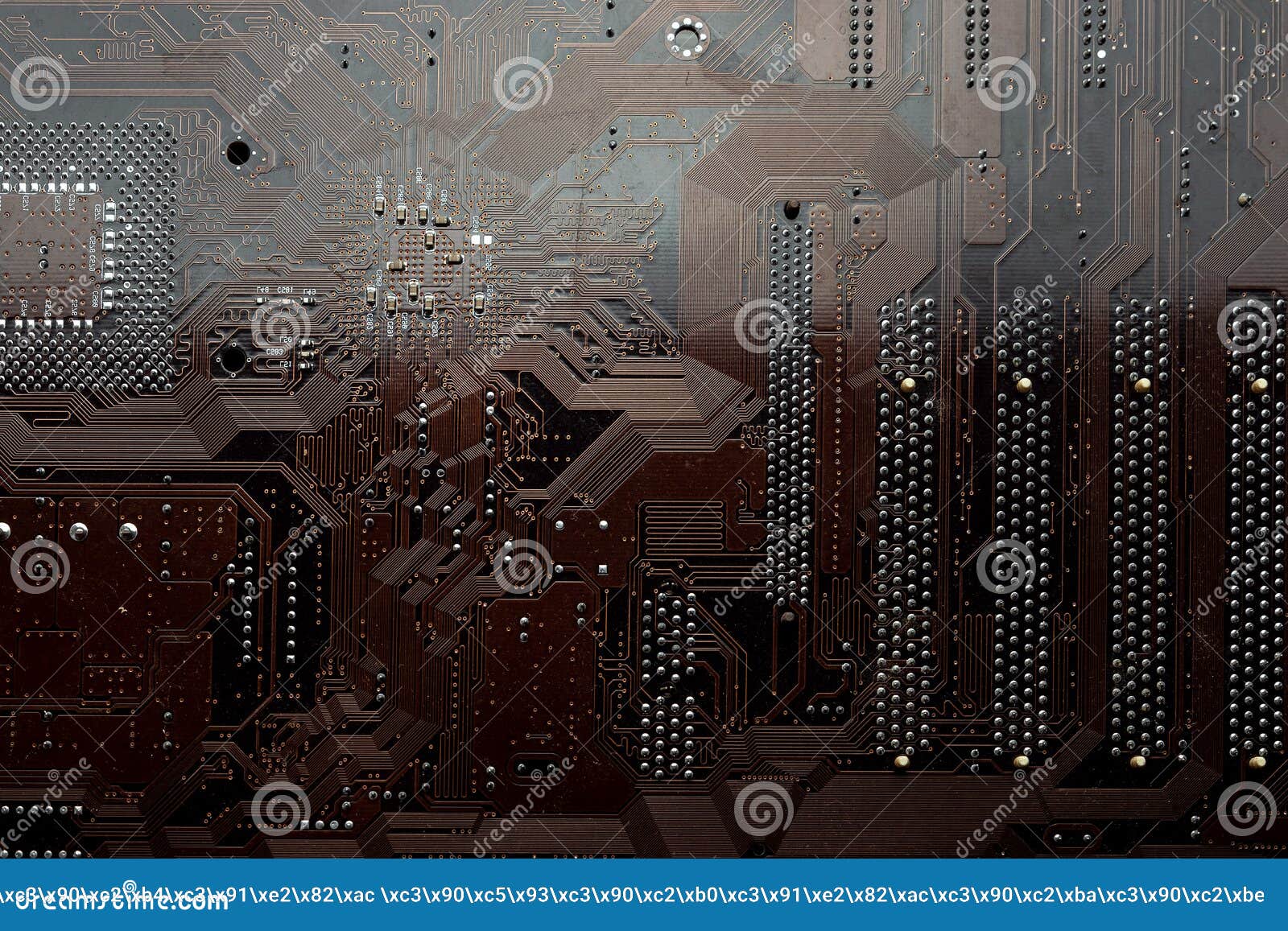 Electronic Board, Computer Microcircuit Top View, Selective Focus. the ...