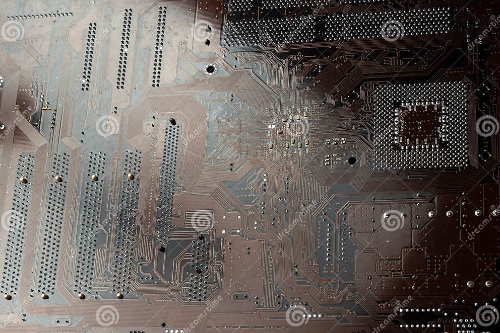 Electronic Board, Computer Microcircuit Top View, Selective Focus. the ...