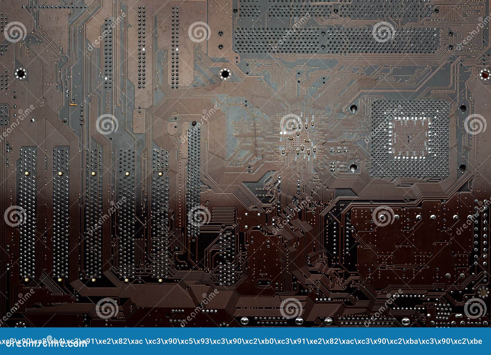 Electronic Board, Computer Microcircuit Top View, Selective Focus. the ...