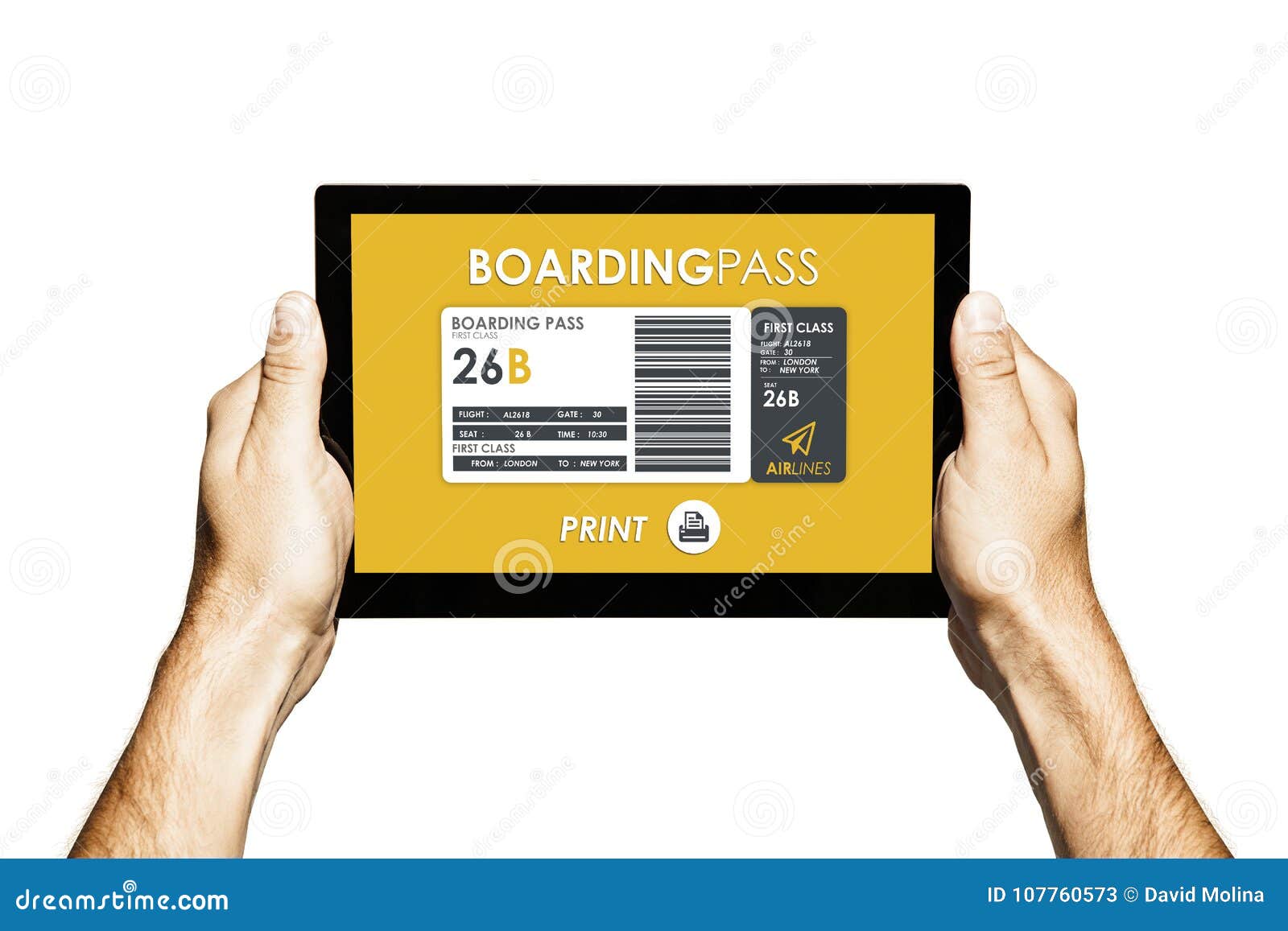 Electronic Boarding Pass in a Tablet Screen. Hands Holding Table Stock ...