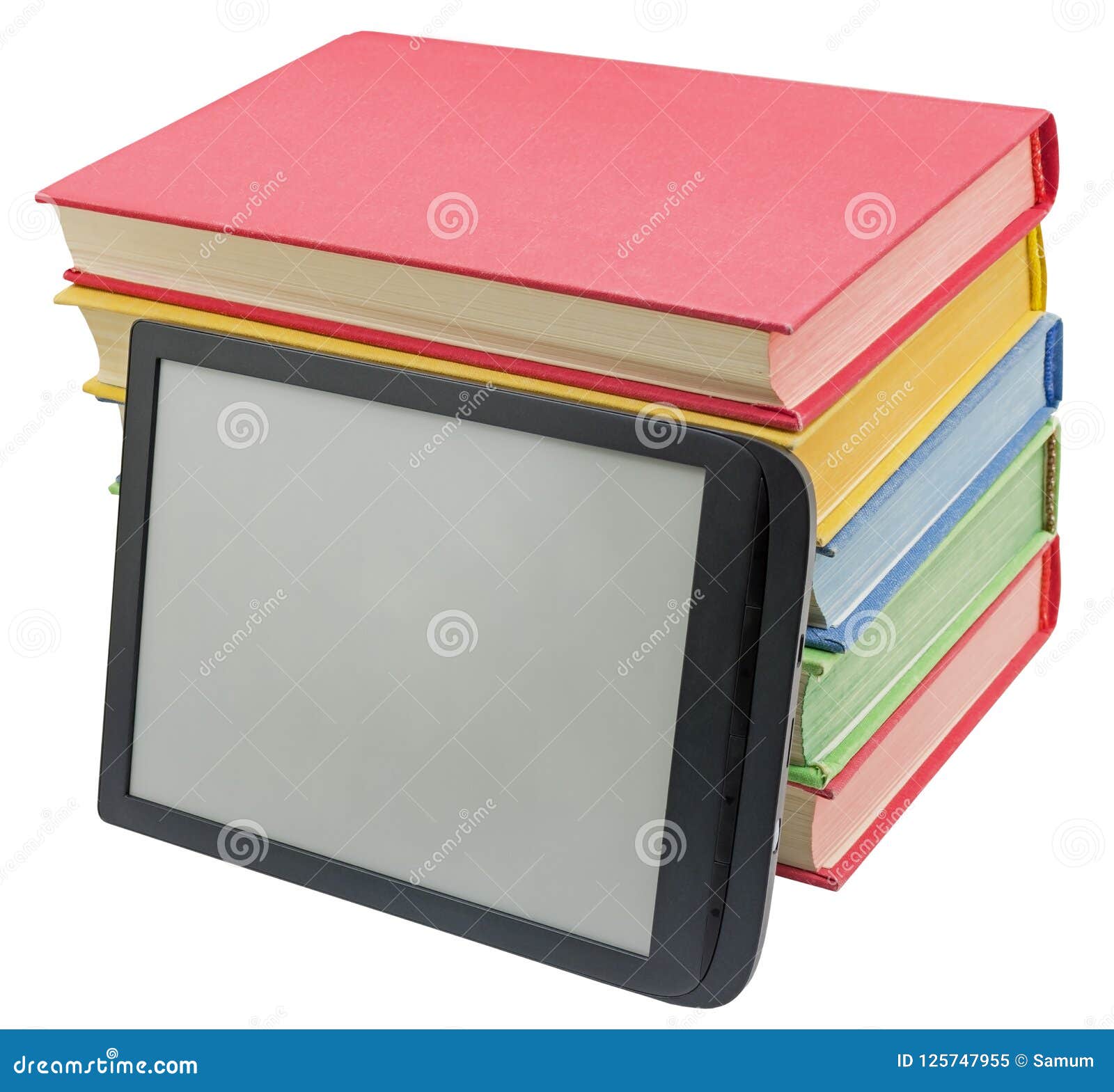 Electronic Book Reader and Books on White Stock Image - Image of book ...