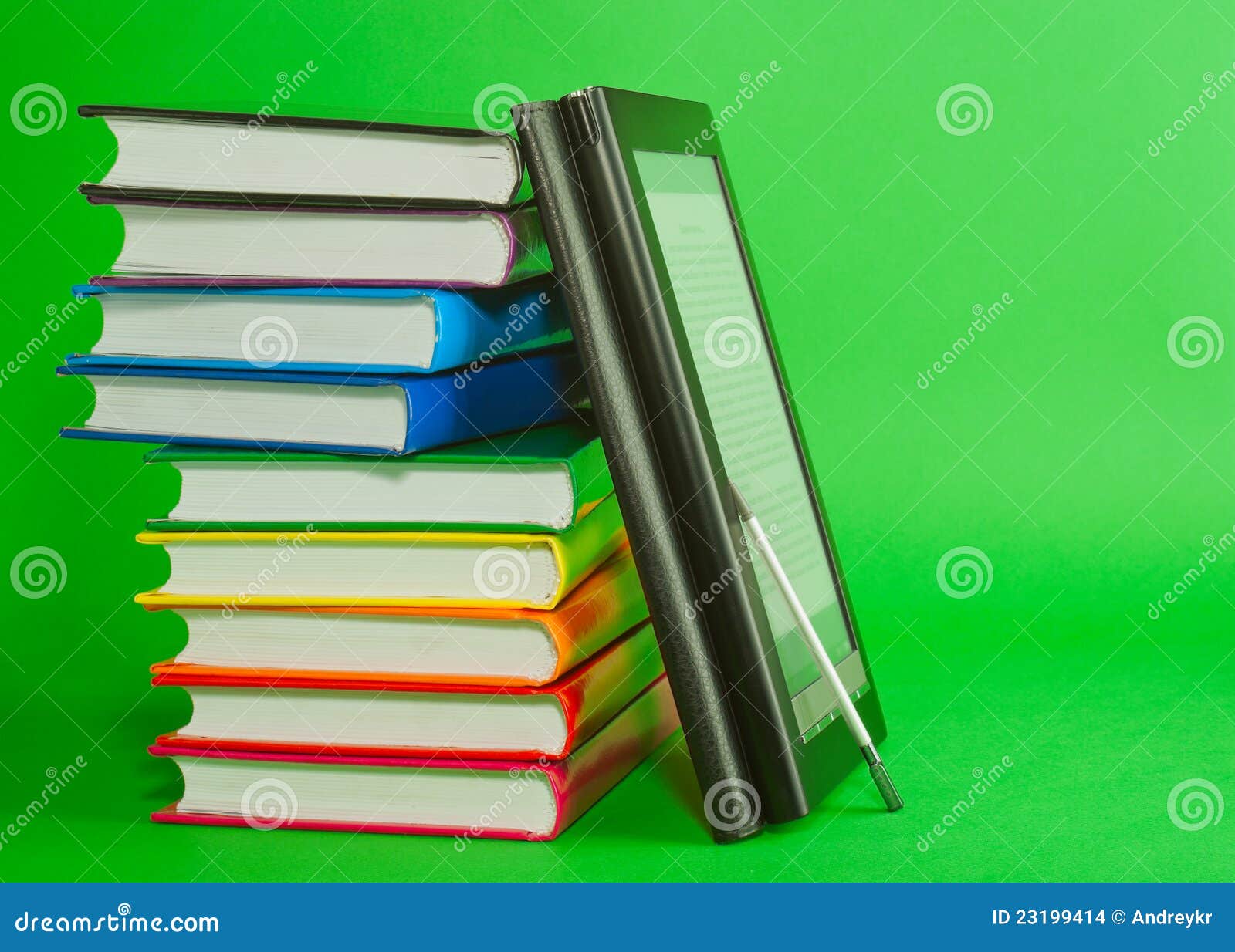 Electronic Book Reader with Stack of Printed Books Stock Photo - Image ...