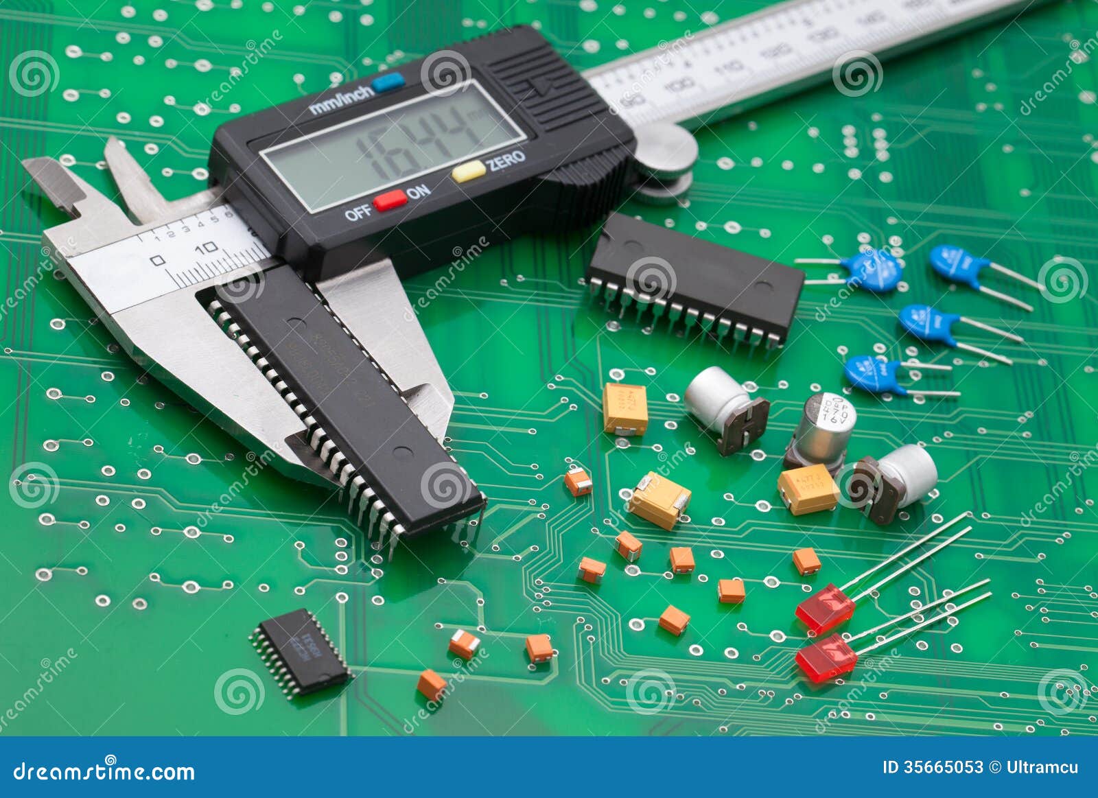 Electronic Caliper Measure IC and Electronic Part on Green Pcb Stock ...