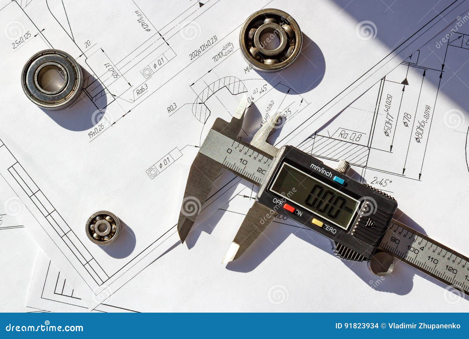 Electronic Calipers with Ball Bearings on a Engineering Drawings Stock ...