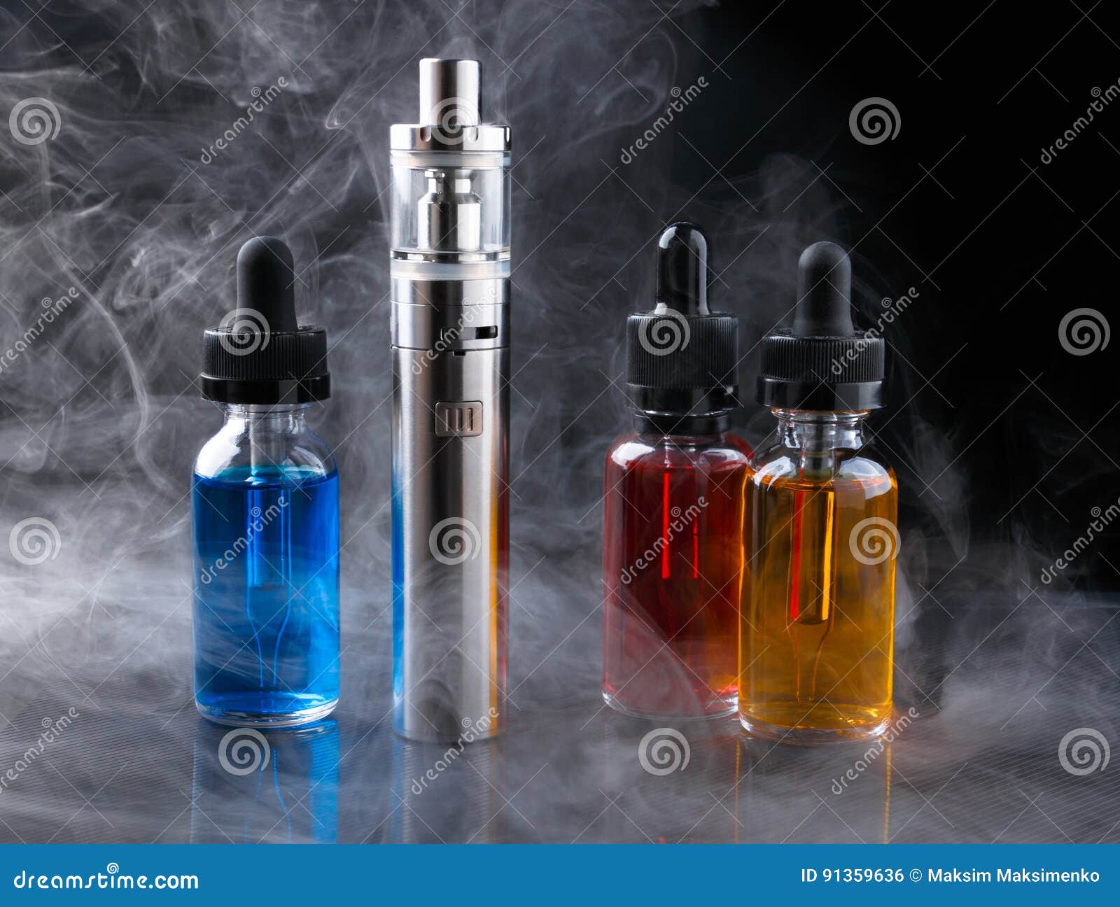 Electronic Cigarette and Vape Liquids within Vapor on Black Background ...