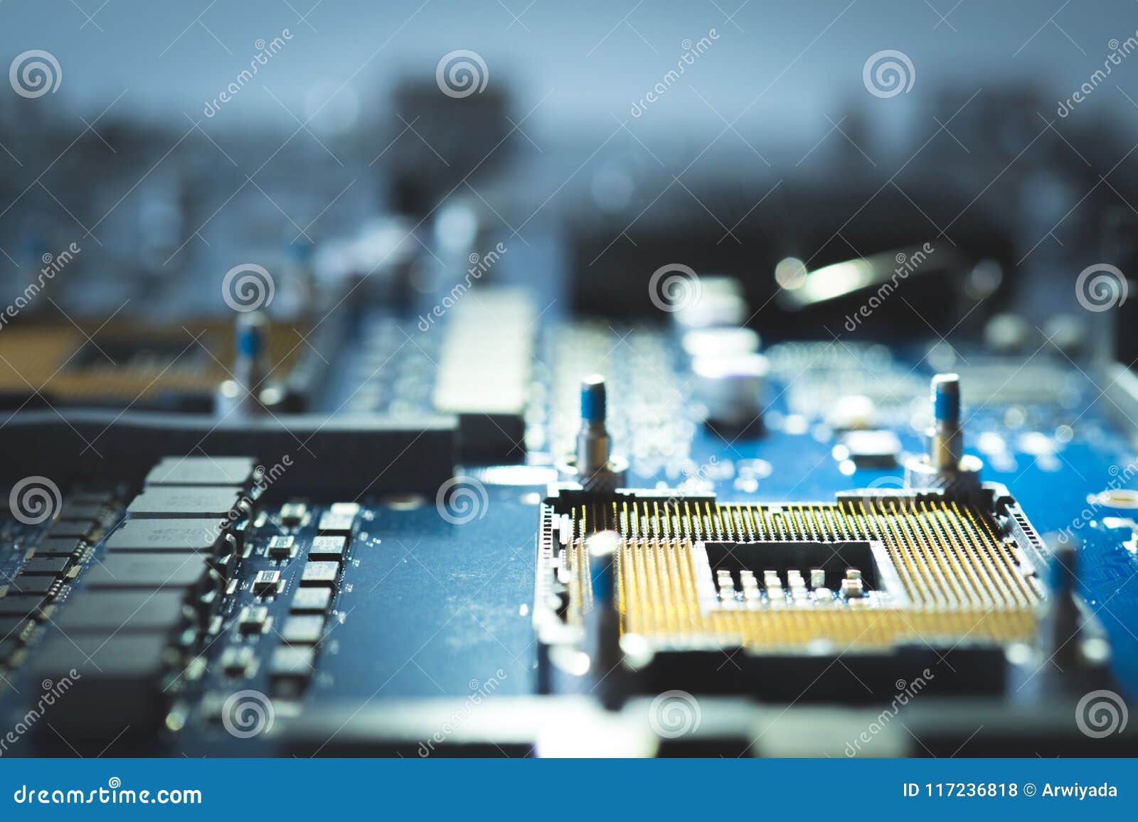 Computer Blue Motherboard With Brown Microcircuits And Different ...