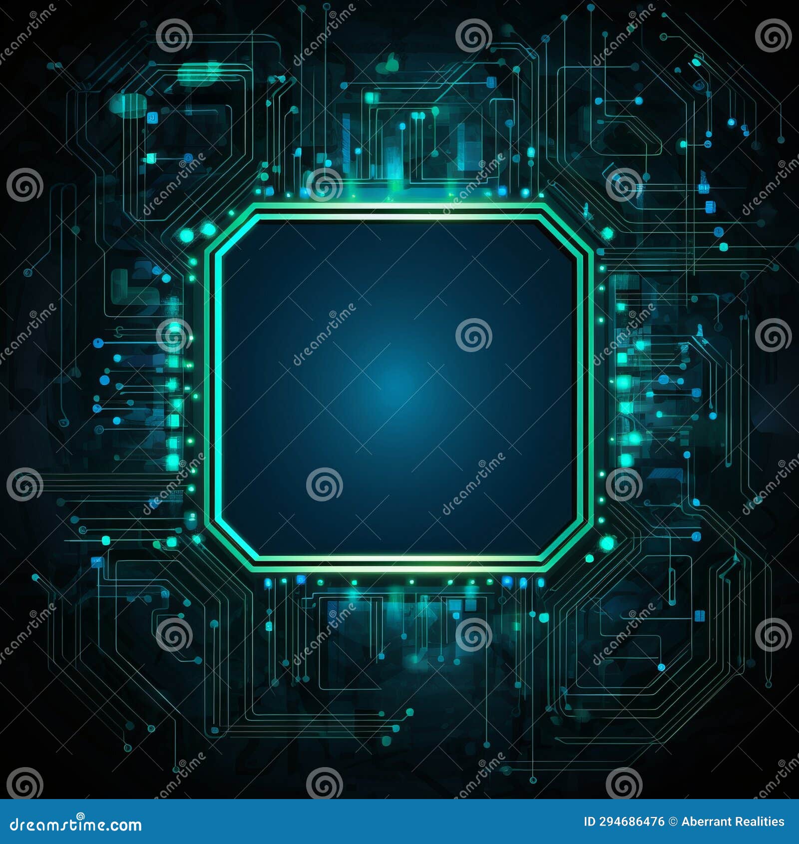 An Electronic Circuit Board with a Blue Square in the Center Stock ...