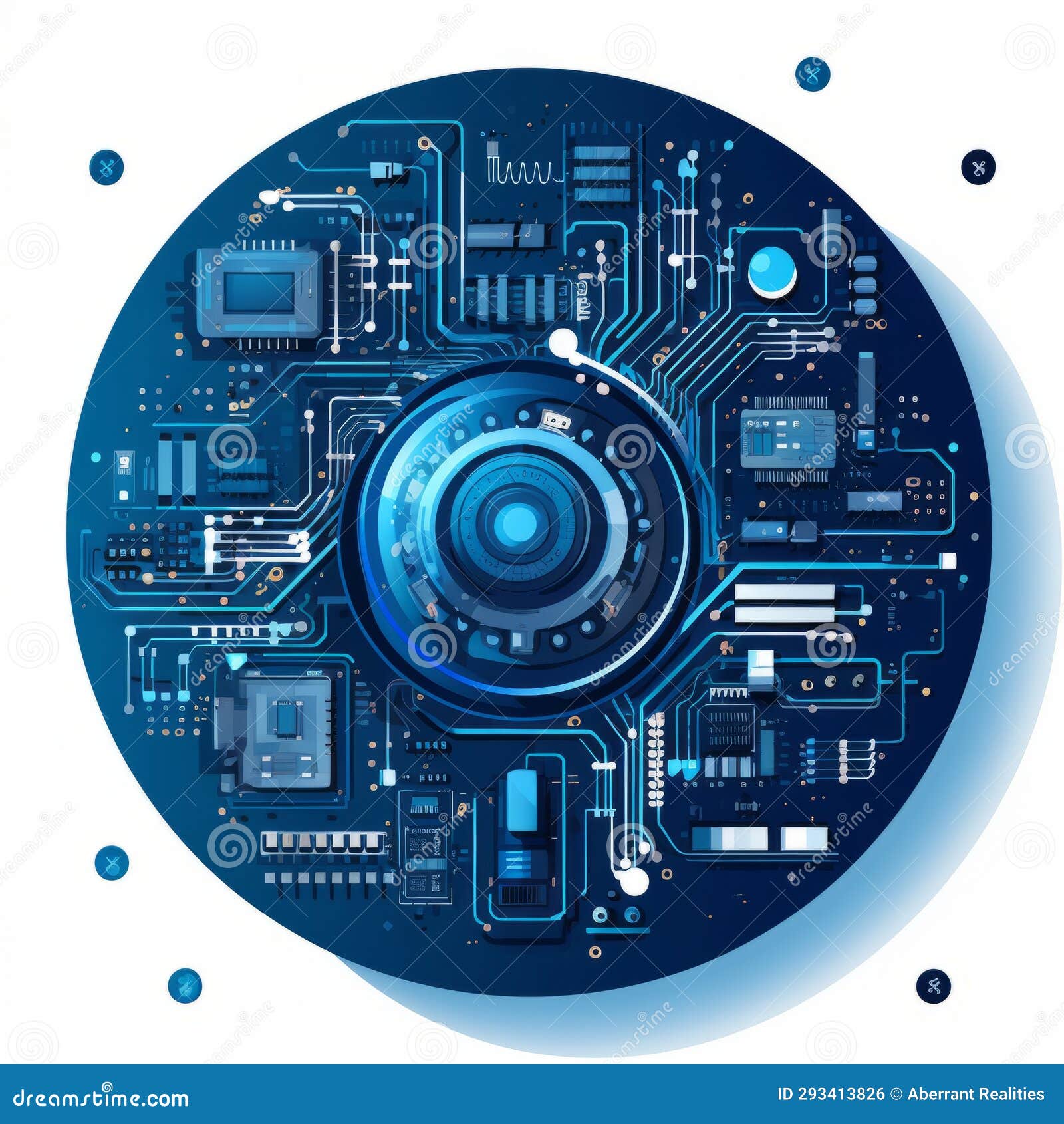 An Electronic Circuit Board in a Circle with a Blue Background Stock ...
