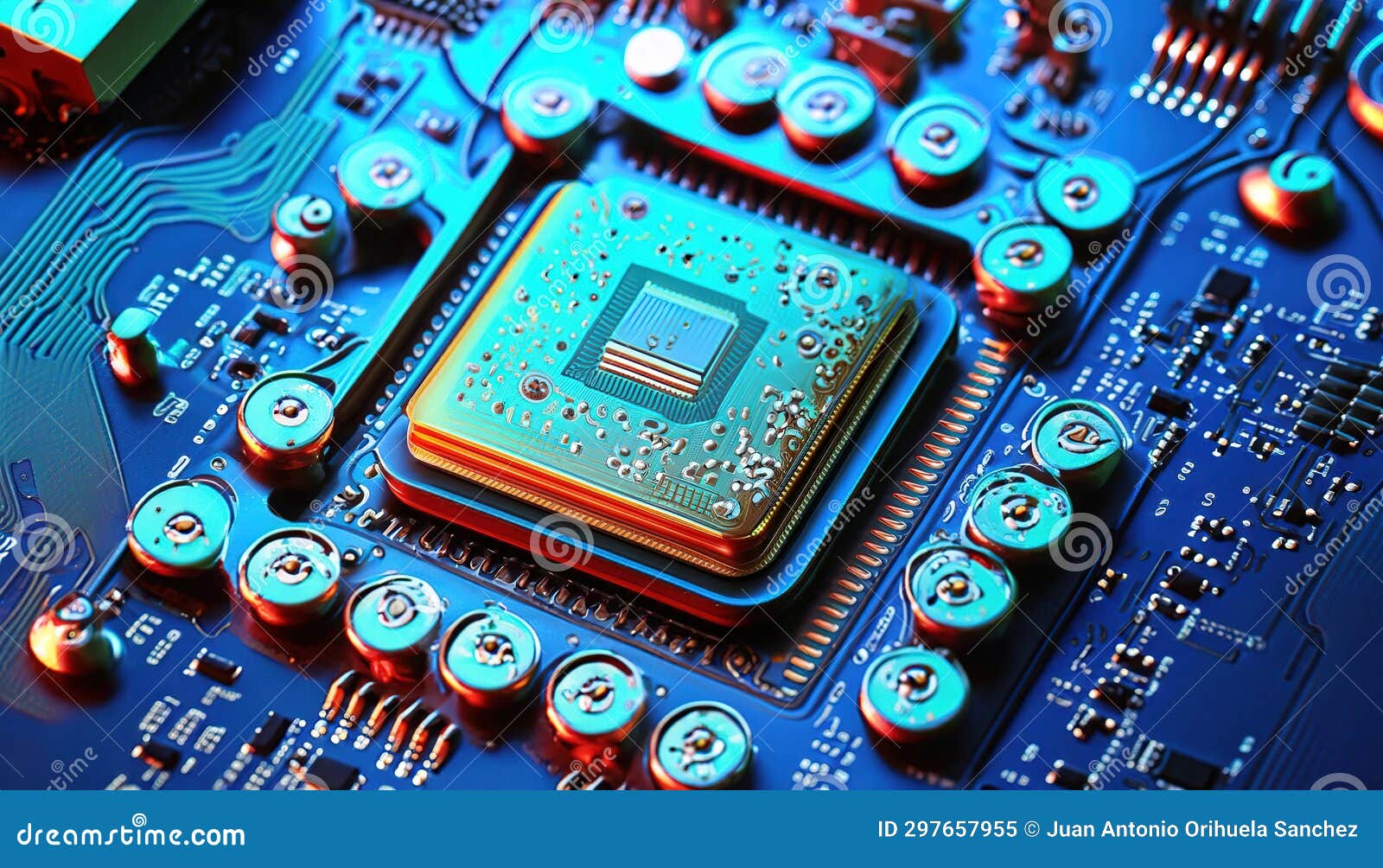 Electronic Circuit Board Close Up, with Electronic Components Such As ...