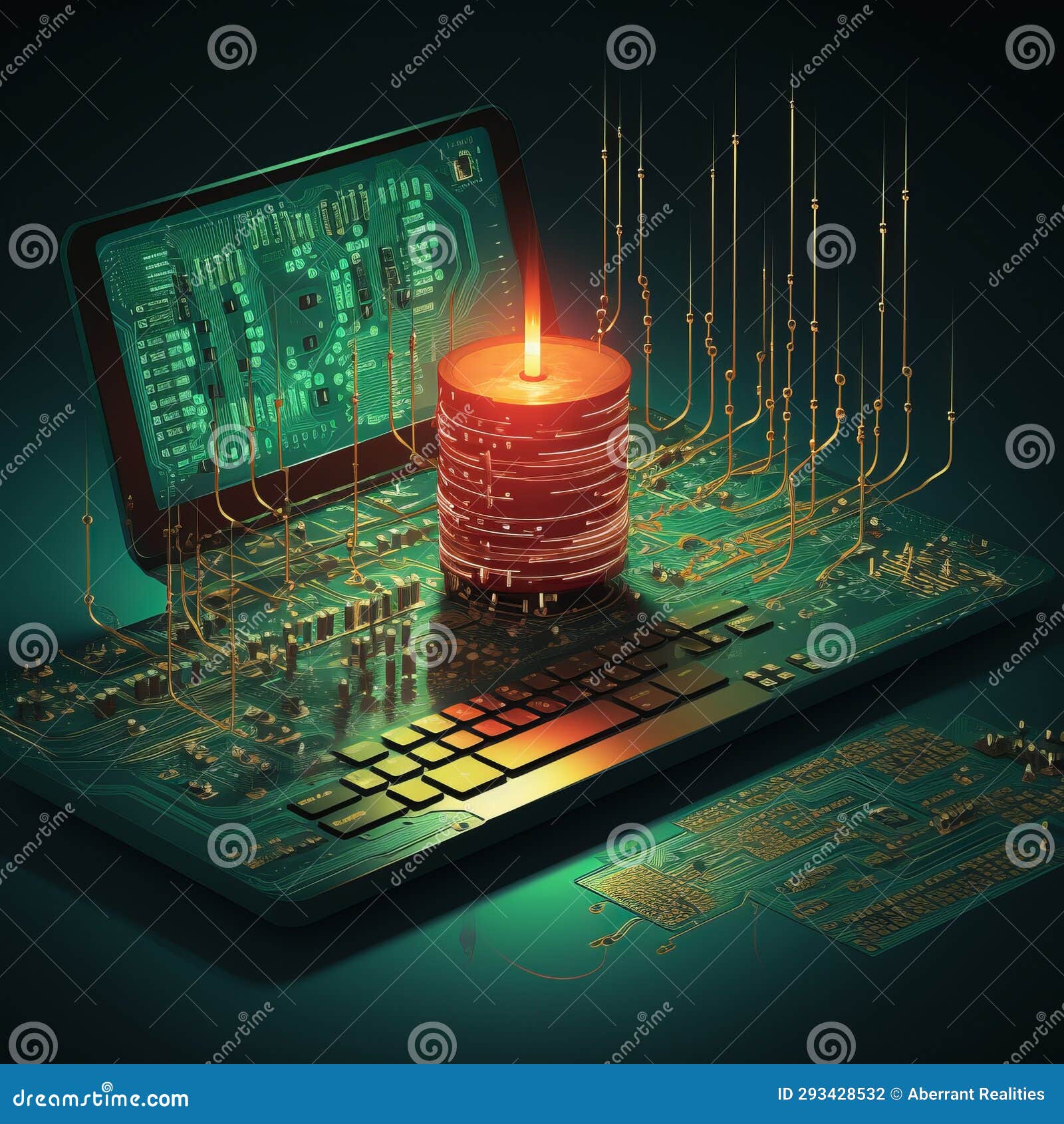 An Electronic Circuit Board with a Lit Candle on it Stock Illustration ...