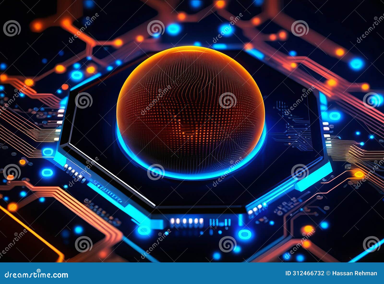 Electronic Circuit Board in Sphere Shield. Blue Technology Network ...