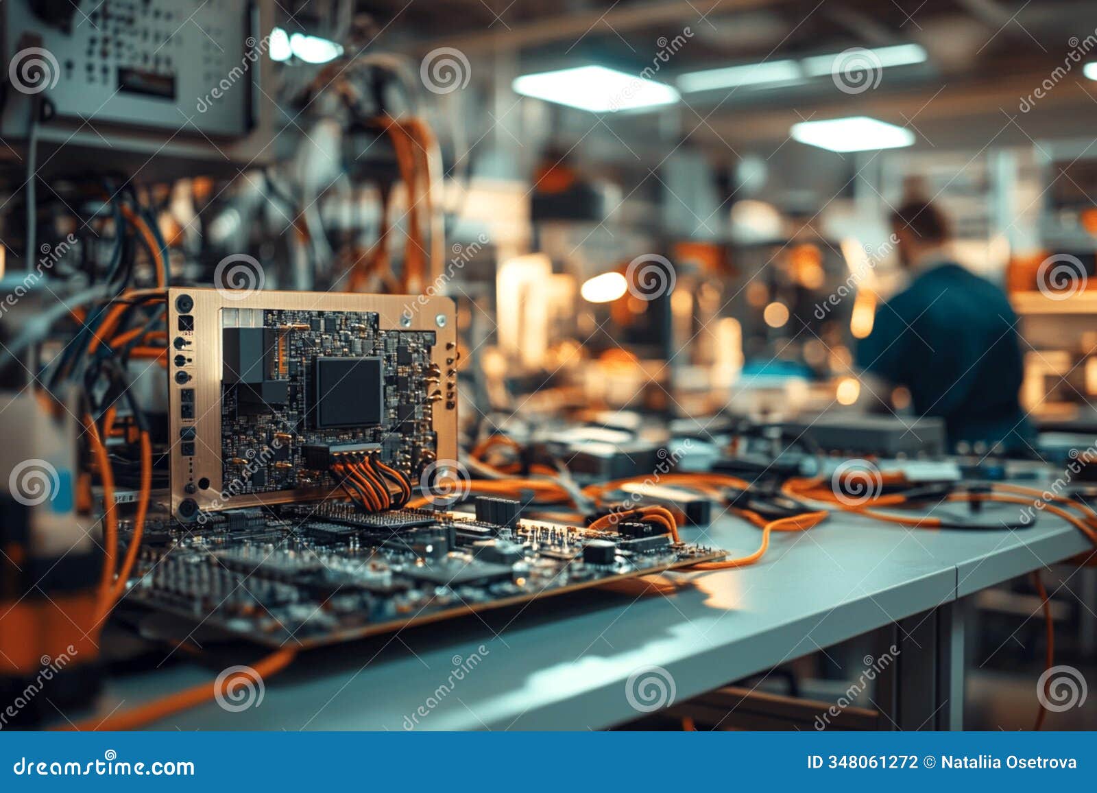 Electronic Circuit Boards with Connected Wires on a Workbench in a High ...