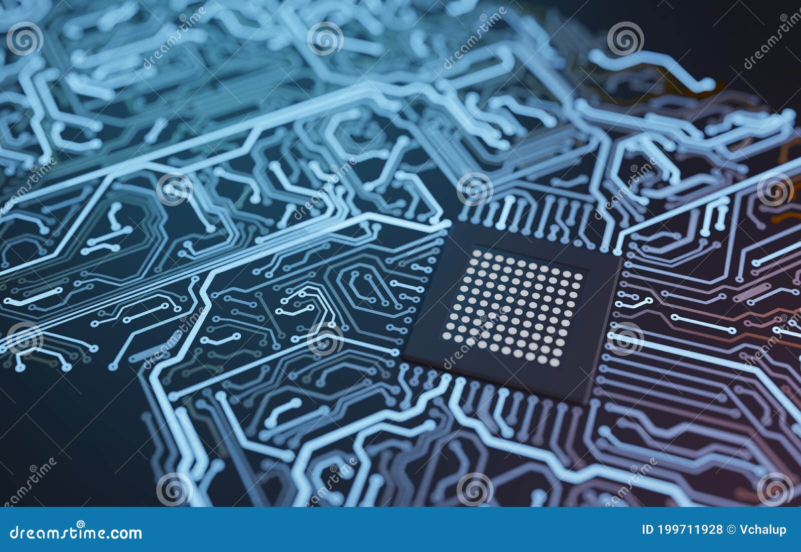 Electronic Circuit with Microchip. 3D Rendered Illustration. Stock ...