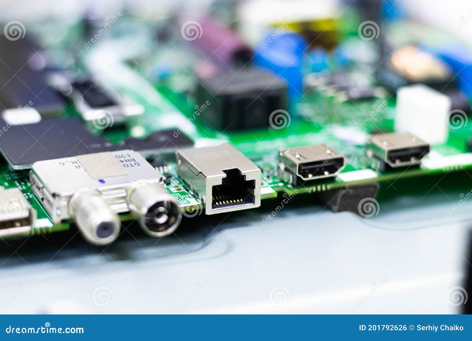 Electronic Components. Focus In The Ethernet Connector. Blur Background ...