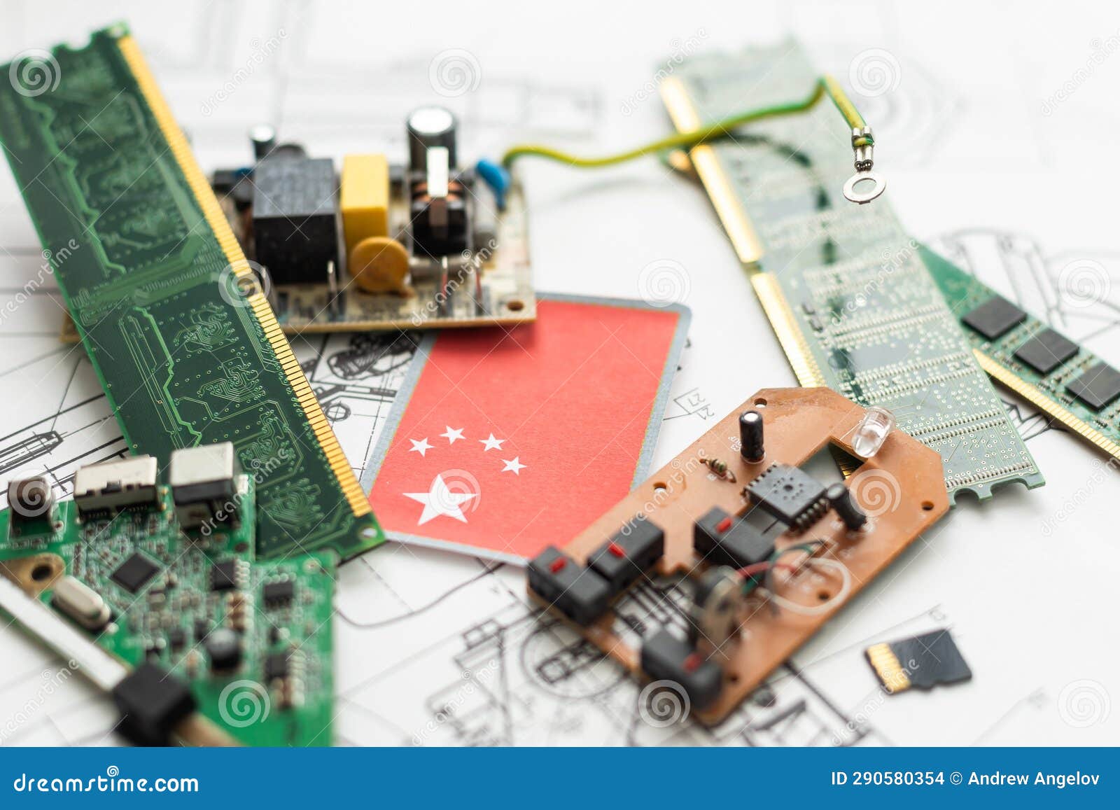 Electronic Components on a Schematic Diagram Background. Stock Photo ...