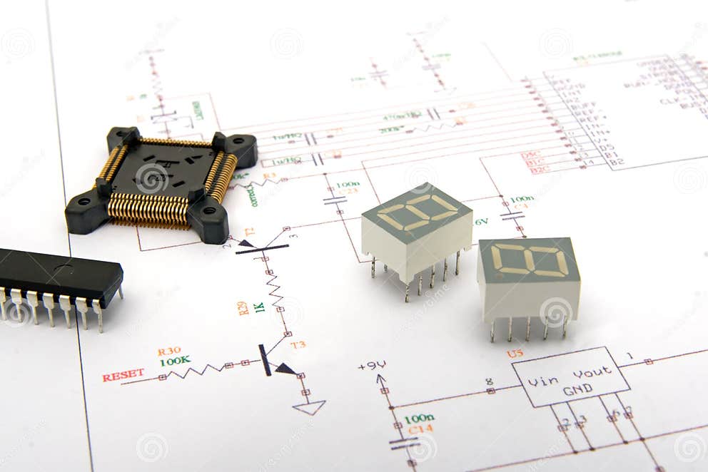 Electronic Components on Schematics Stock Photo - Image of engineer ...