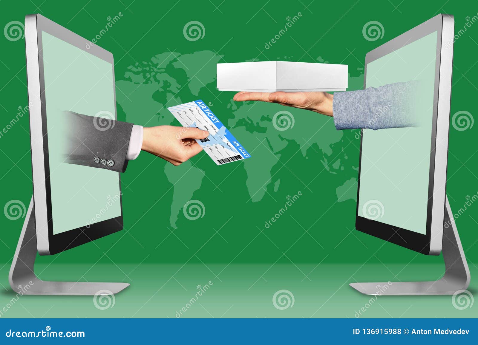 Electronic Concept, Two Hands from Computers. Air Ticket and Hand with ...